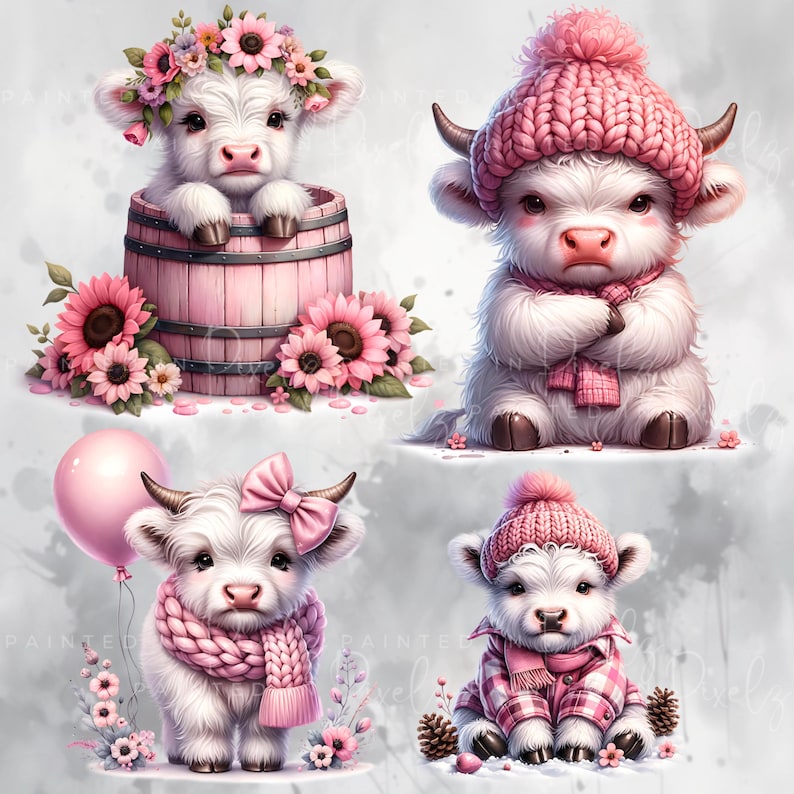 Cute Highland Cow Clipart, Pastel Pink & White Highland Cow PNG Bundle ...