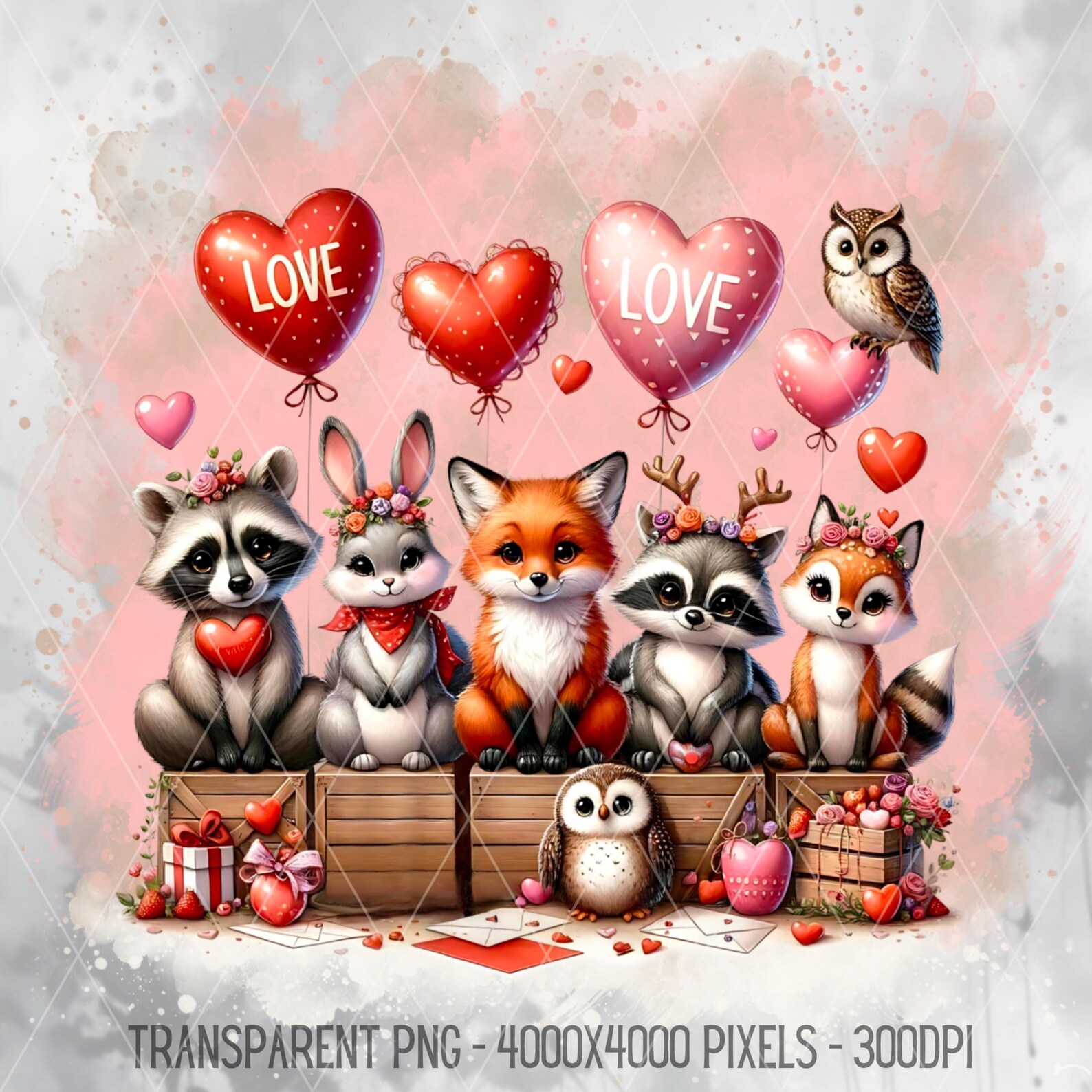 Cute Woodland Animals Valentine Clipart Set, Transparent PNG & JPG ...