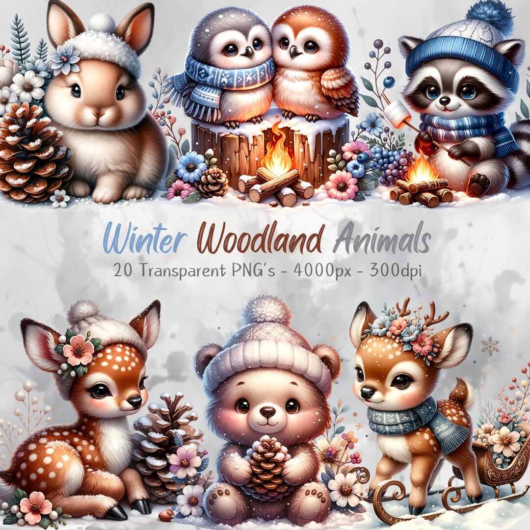 Winter Woodland Animals PNG Bundle, Boho Baby Animals Clipart, Winter ...