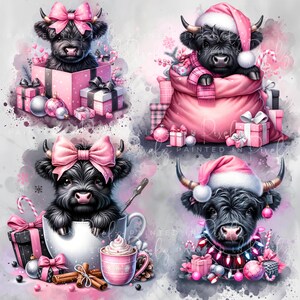 Watercolor Pink Christmas Highland Cows PNG Bundle | Cute Coquette ...