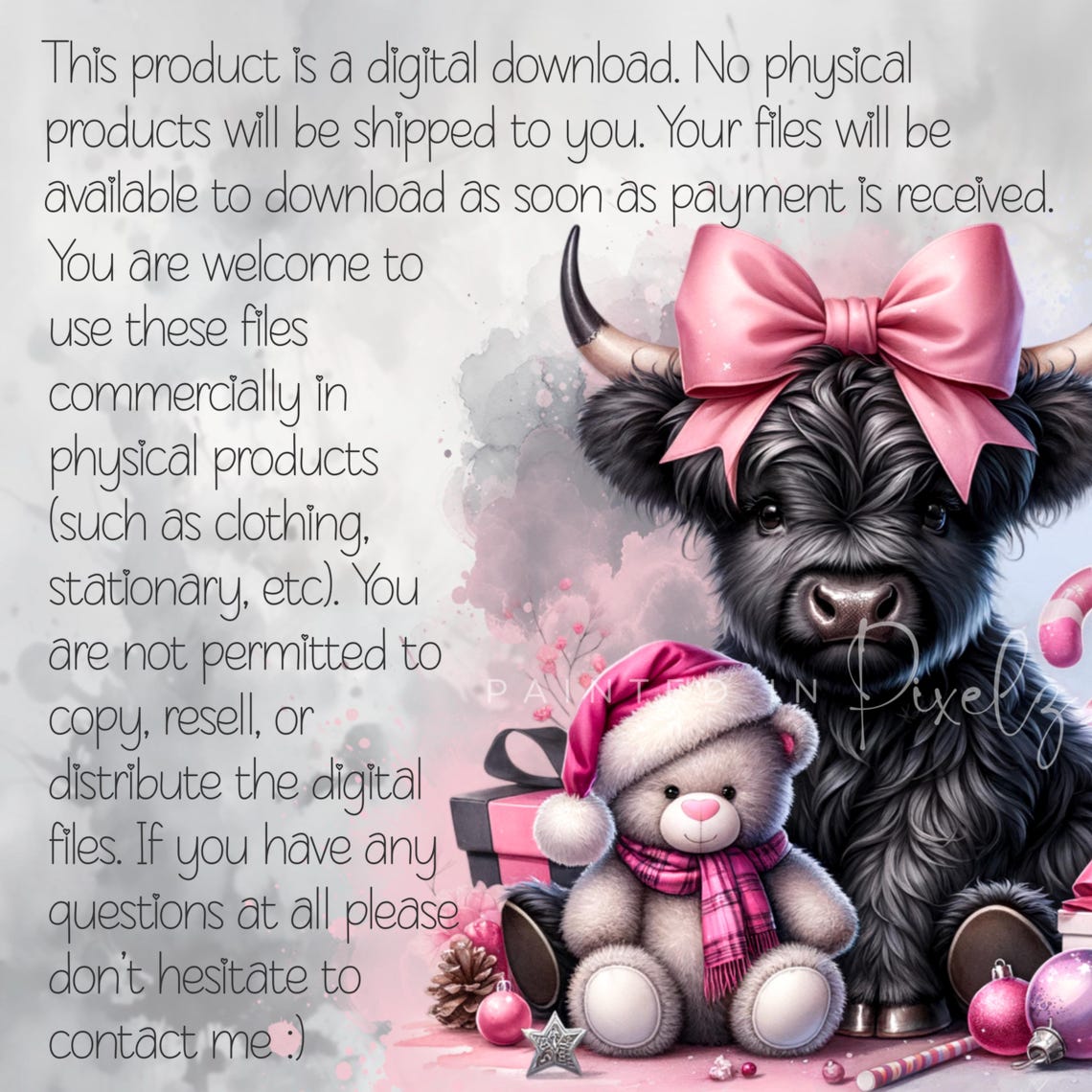 Watercolor Pink Christmas Highland Cows PNG Bundle | Cute Coquette ...