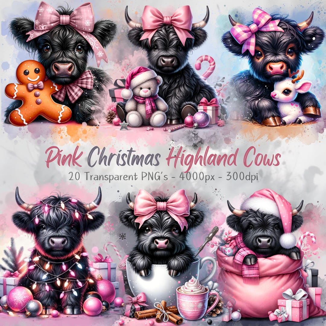 Watercolor Pink Christmas Highland Cows PNG Bundle | Cute Coquette ...