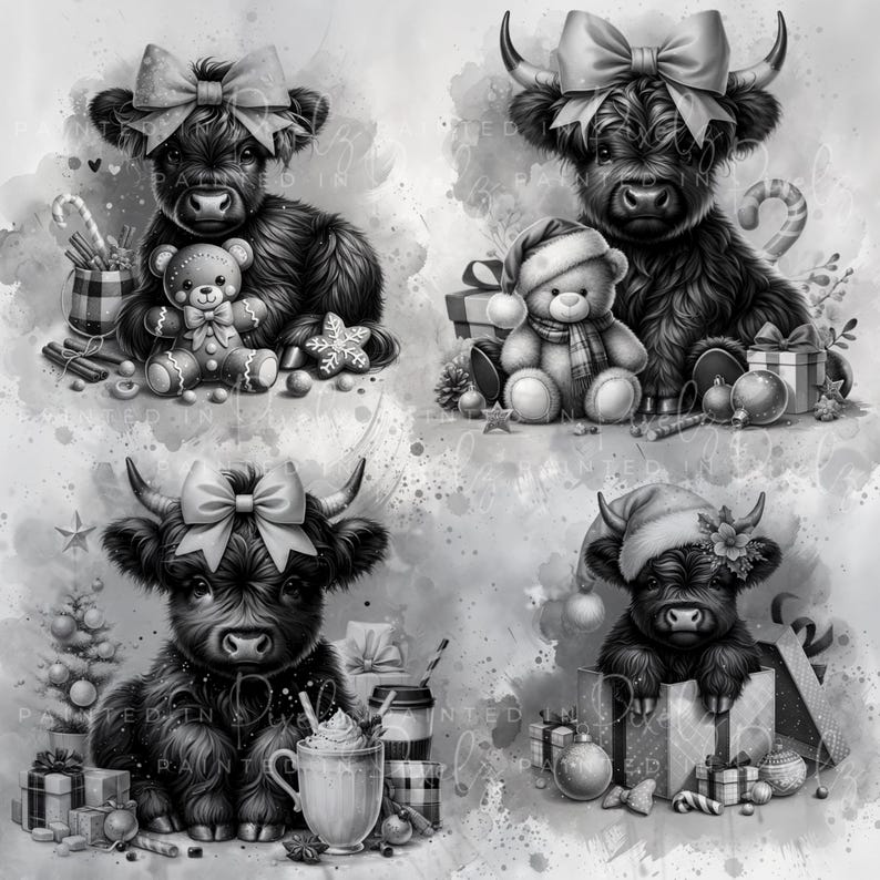 Watercolor Christmas Highland Cow Stamp Set for Procreate | 20 Festive ...