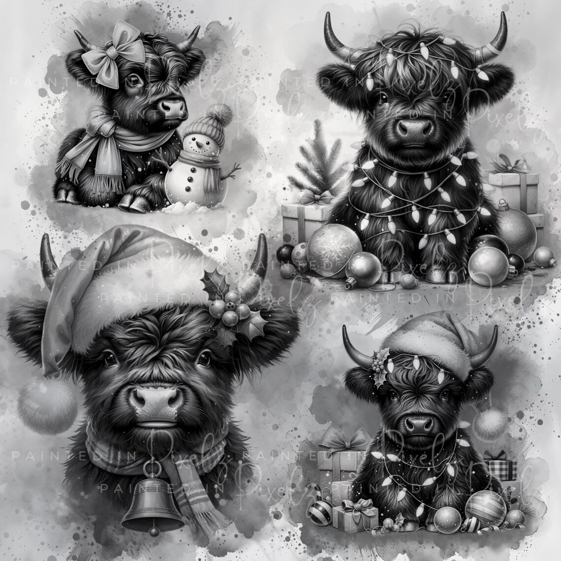Watercolor Christmas Highland Cow Stamp Set for Procreate | 20 Festive ...