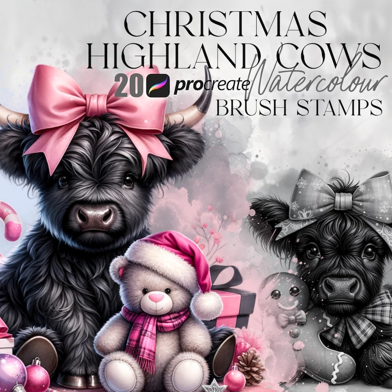 Watercolor Christmas Highland Cow Stamp Set for Procreate | 20 Festive ...