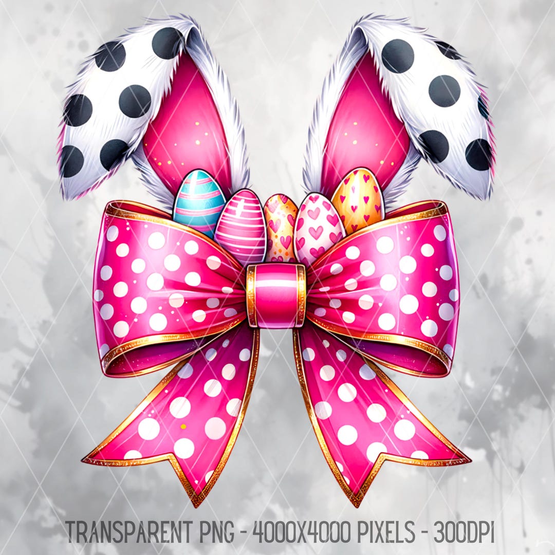 Pink Easter Bow With Bunny Ears and Eggs, Polka Dot Digital Clipart PNG ...