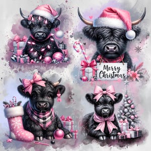 Watercolor Pink Christmas Highland Cows PNG Bundle | Cute Coquette ...