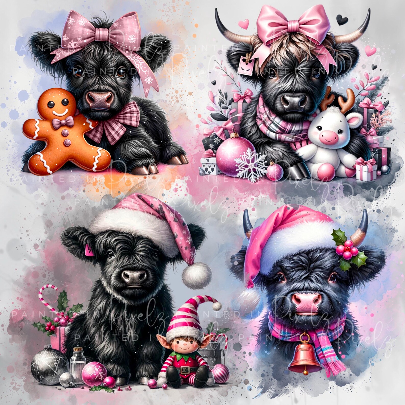 Watercolor Pink Christmas Highland Cows PNG Bundle | Cute Coquette ...