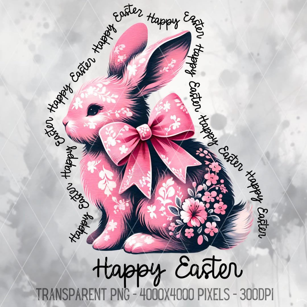 Floral Pink Easter Bunny Clipart With Bow, Happy Easter Text, PNG ...