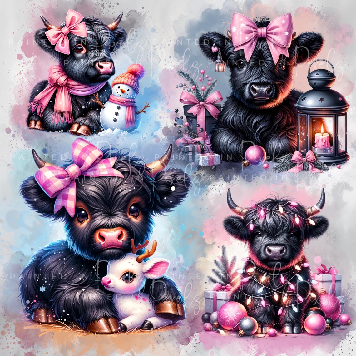 Watercolor Pink Christmas Highland Cows PNG Bundle | Cute Coquette ...