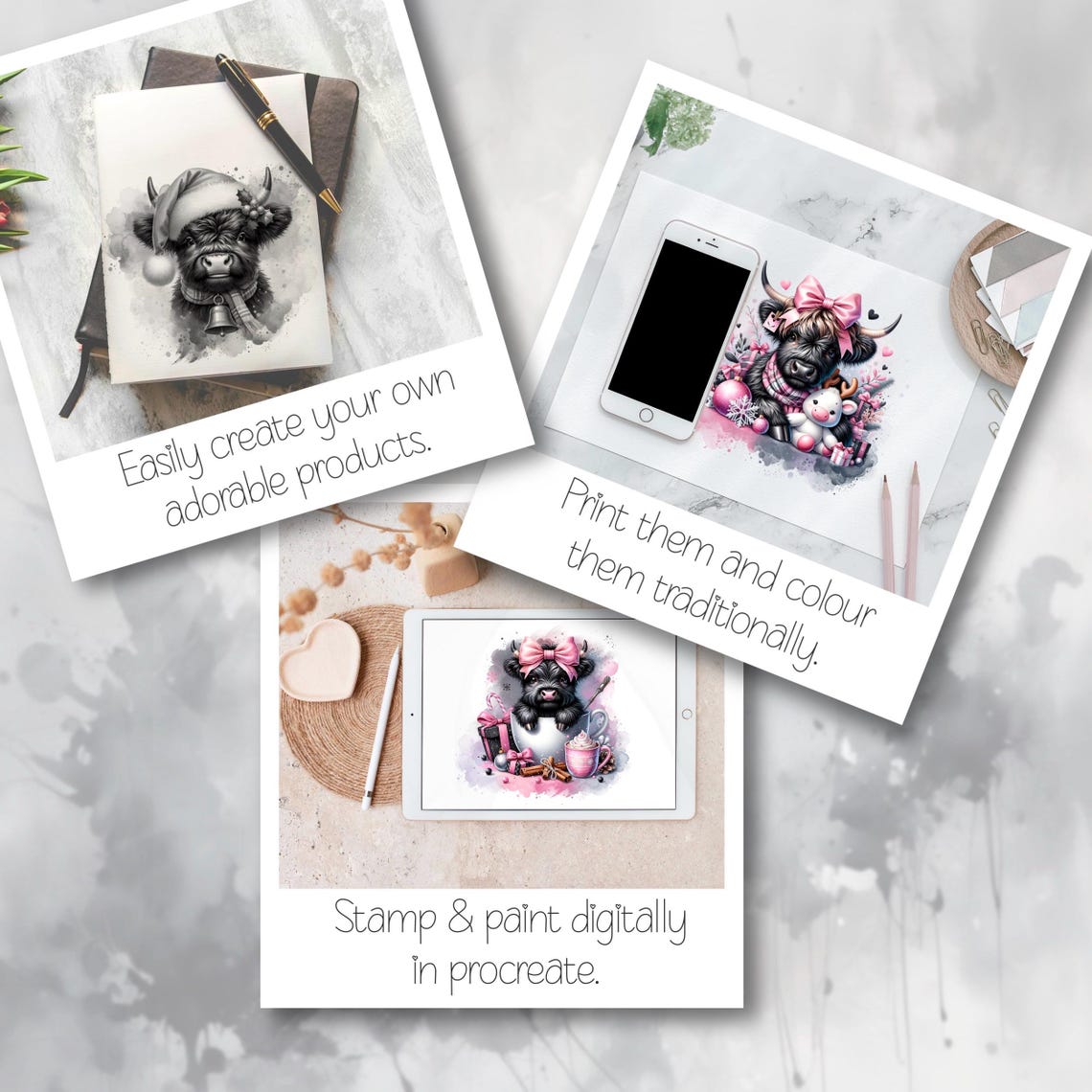 Watercolor Christmas Highland Cow Stamp Set for Procreate | 20 Festive ...