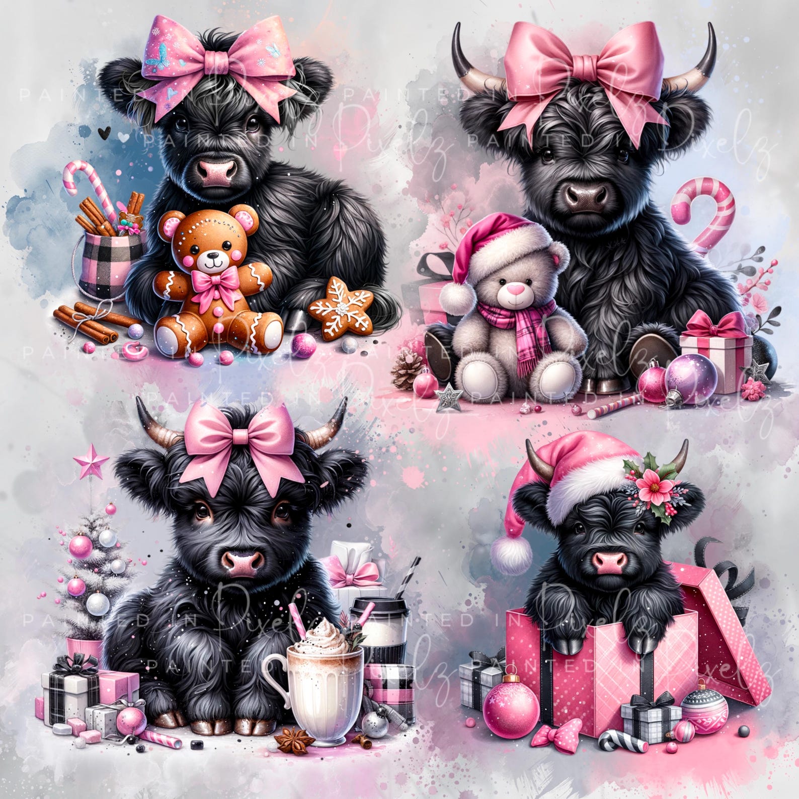 Watercolor Pink Christmas Highland Cows PNG Bundle | Cute Coquette ...