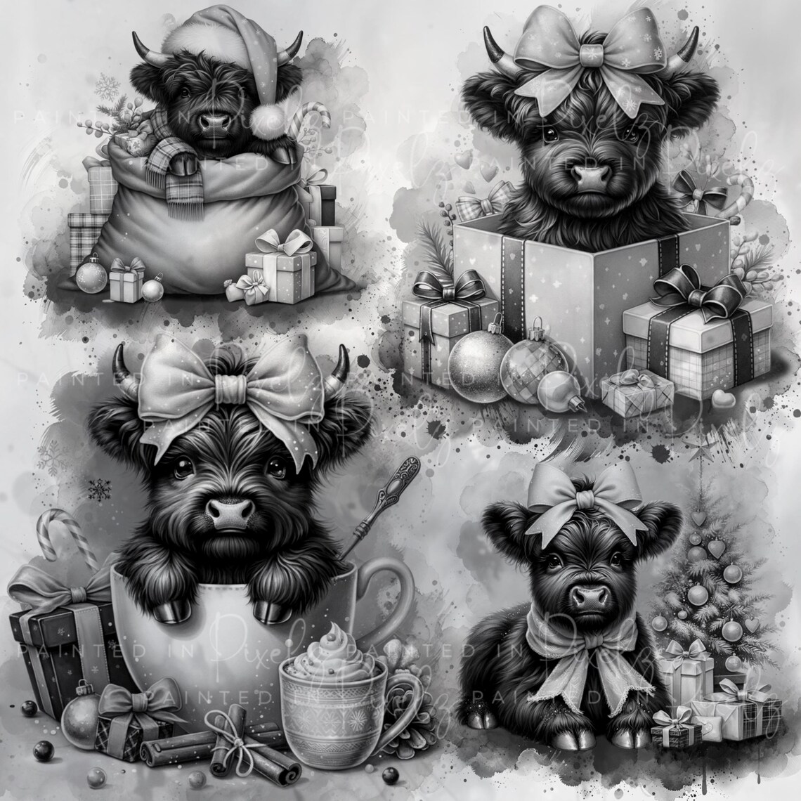 Watercolor Christmas Highland Cow Stamp Set for Procreate | 20 Festive ...