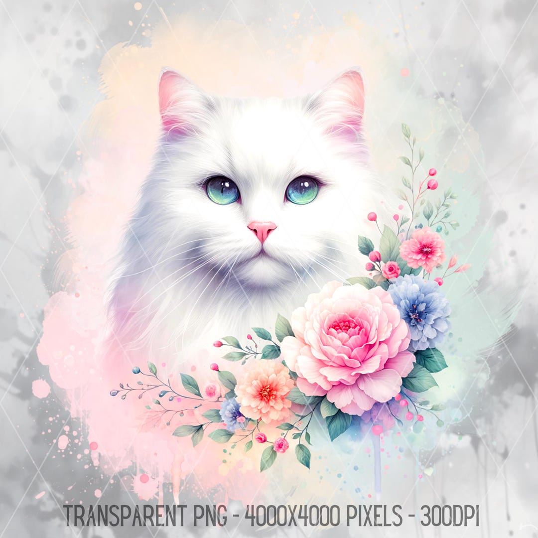 Pastel Cat Art PNG, Watercolor Feline With Florals JPG, Beautiful Pet ...