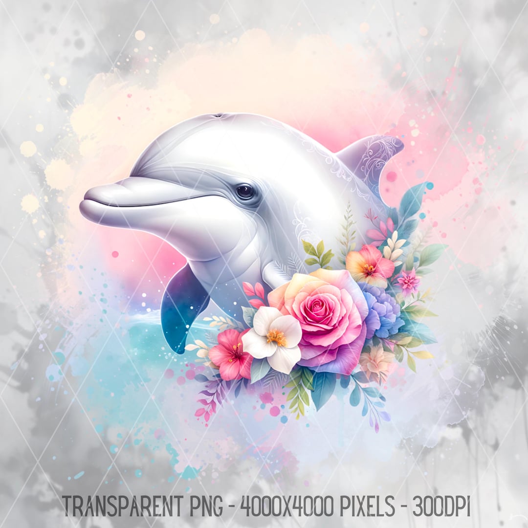 Pastel Dolphin Art PNG, Beautiful Dolphin With Florals JPG, Sea ...