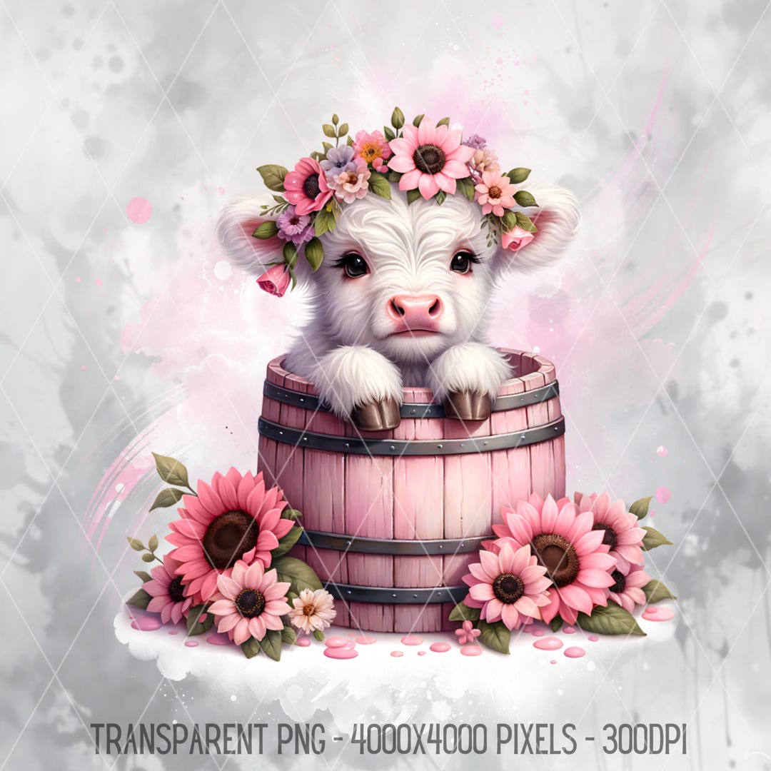 Cute Highland Cow in a Barrel PNG, Pastel Pink Sunflower Calf Clipart ...