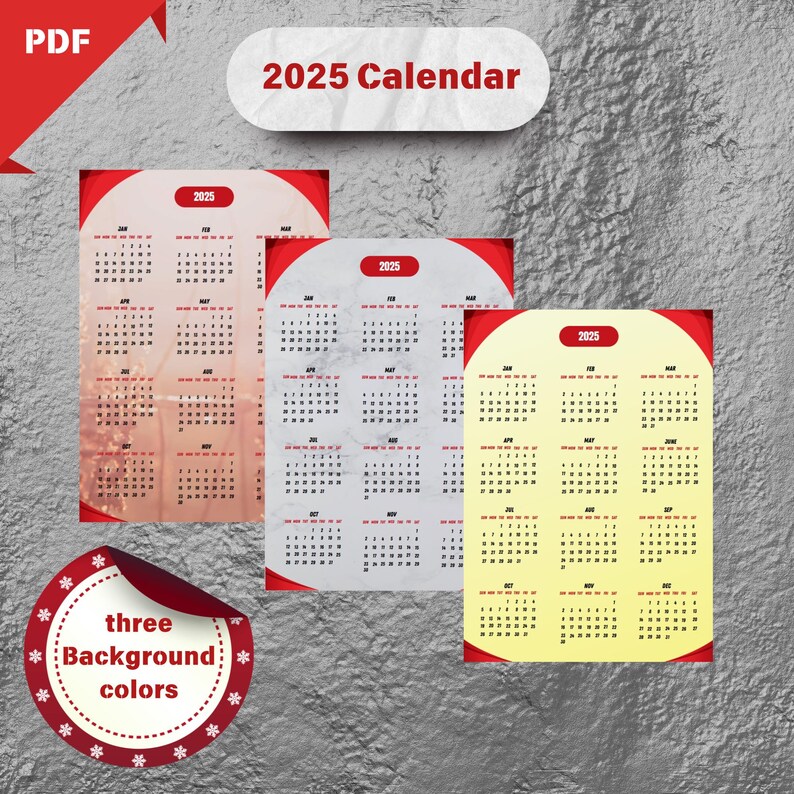 2025 Printable Calendar – Minimalist Design With 3 Background Colors ...