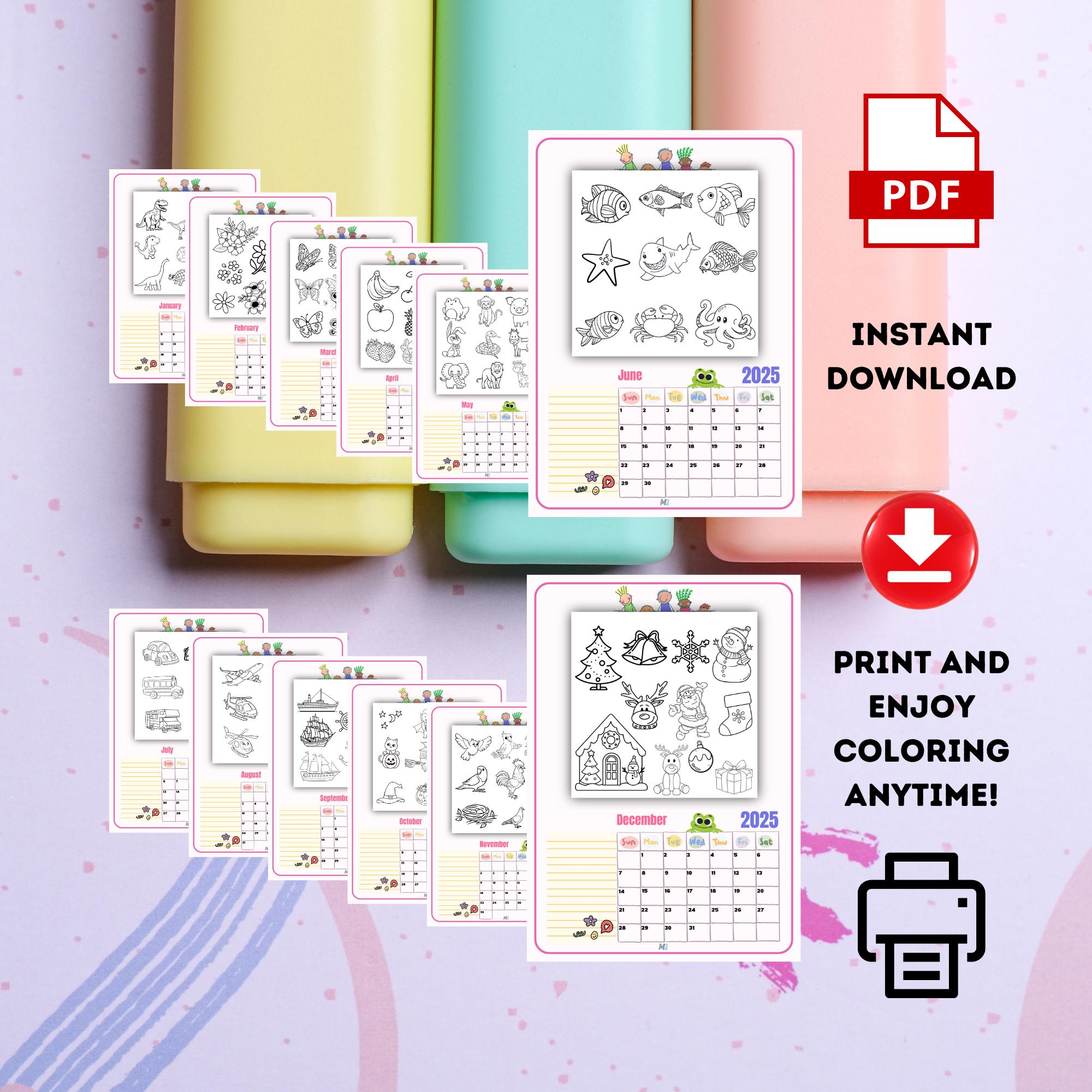 Printable 2025 Kids Monthly Calendar With Fun Coloring Pages – A4 Size ...