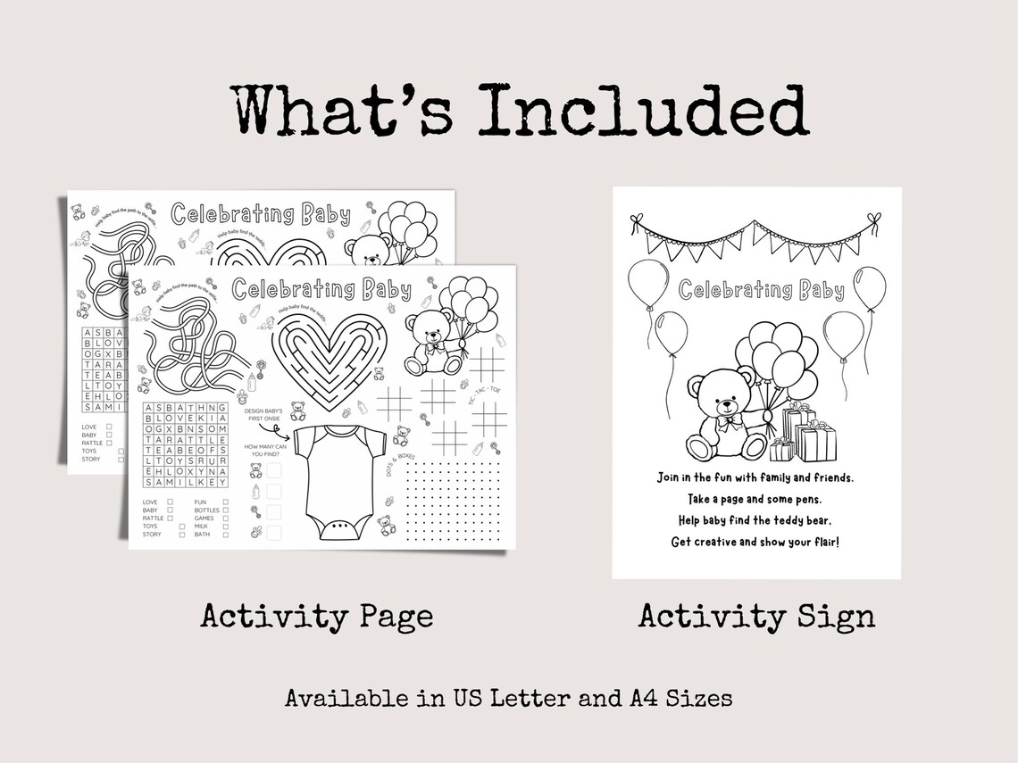 Teddy Bear Baby Shower Kids Activity Placemat: Coloring Page & Games ...