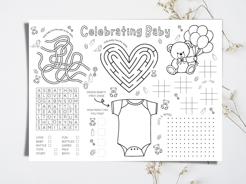 Teddy Bear Baby Shower Kids Activity Placemat: Coloring Page & Games ...