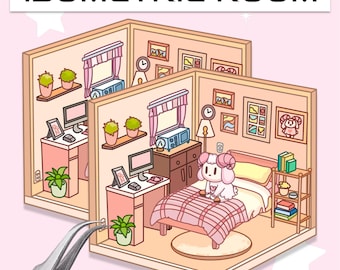 Isometric Room Stickers: Cozy Cottage Interior Design Decals | Settings ...