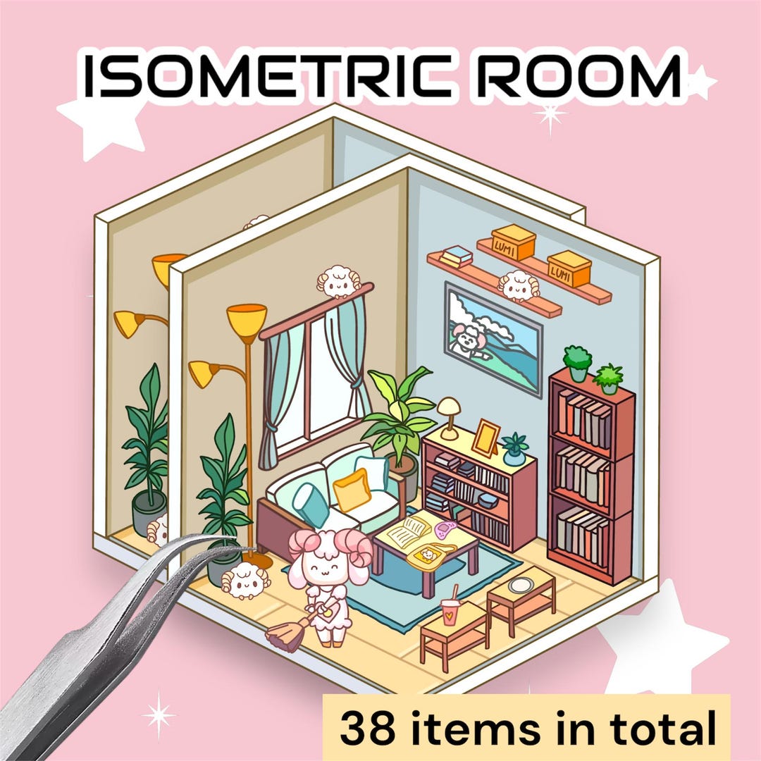 Isometric Library Room Stickers: 3D Cozy Cottage Decals (38pc) - Etsy