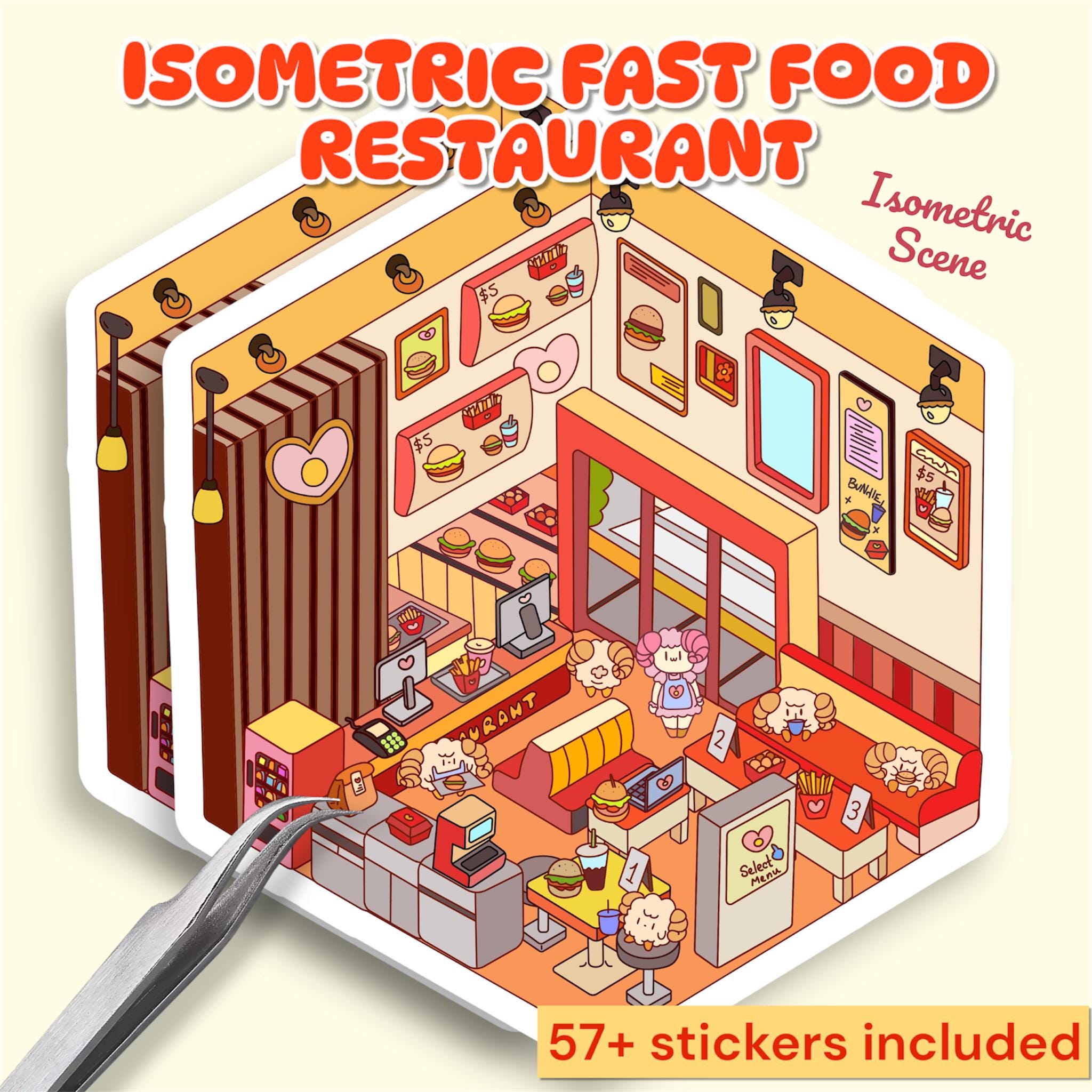 Isometric Fast Food Restaurant Stickers: 3D Cozy Cottage Decals - Etsy