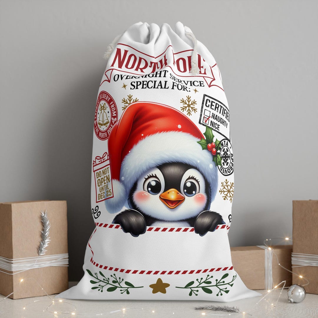 Cute Penguin Santa Sack Sack, Christmas Gift Bag, Holiday Present Sack ...