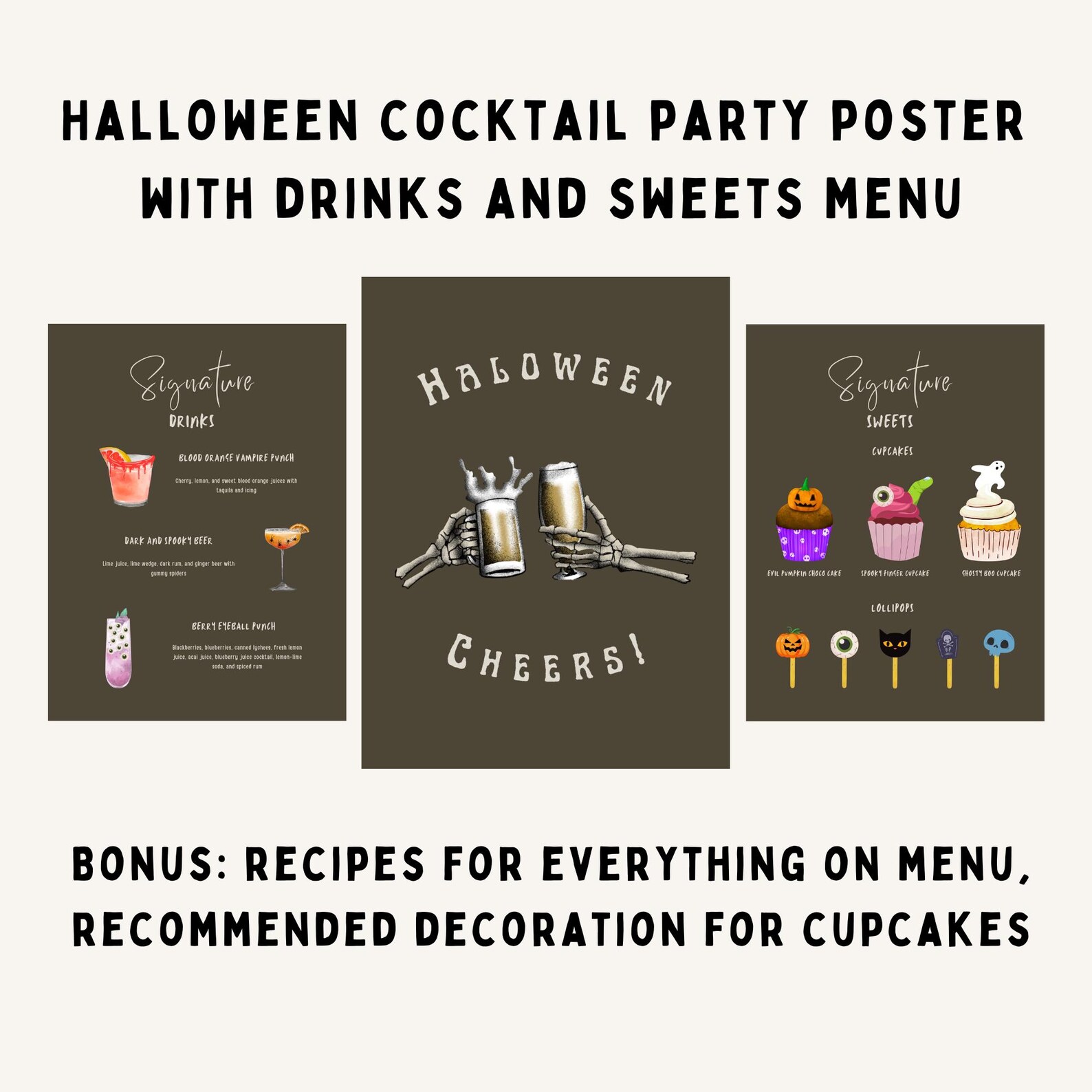 Spooky Halloween Cocktail Party Poster, Drink & Sweets Menus Creepy ...