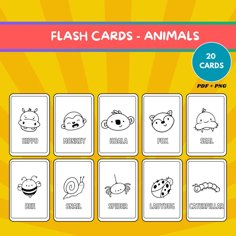 Printable Animal Flashcards | 20 Black/white Coloring Cards | Fun ...