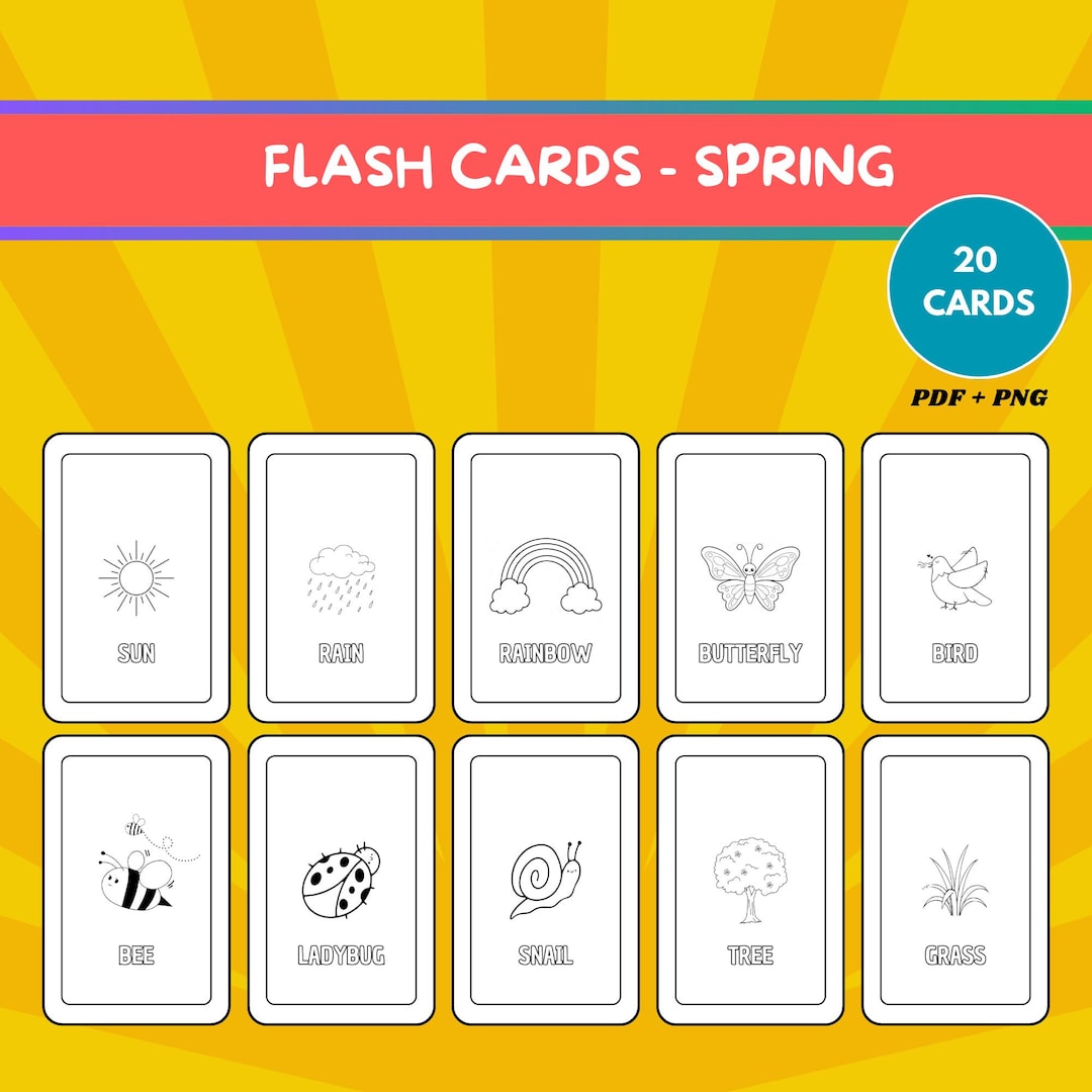 Spring-themed Flashcards for Learning and Coloring | 20 Black and White ...