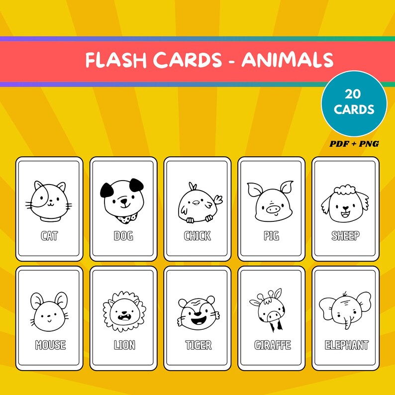 Printable Animal Flashcards | 20 Black/white Coloring Cards | Fun ...