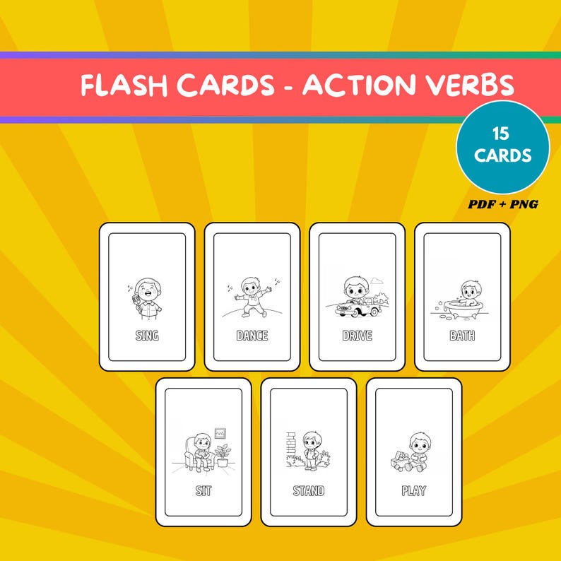 Action Verbs Coloring Flashcards for Kids and Adults - 15 Black / White ...