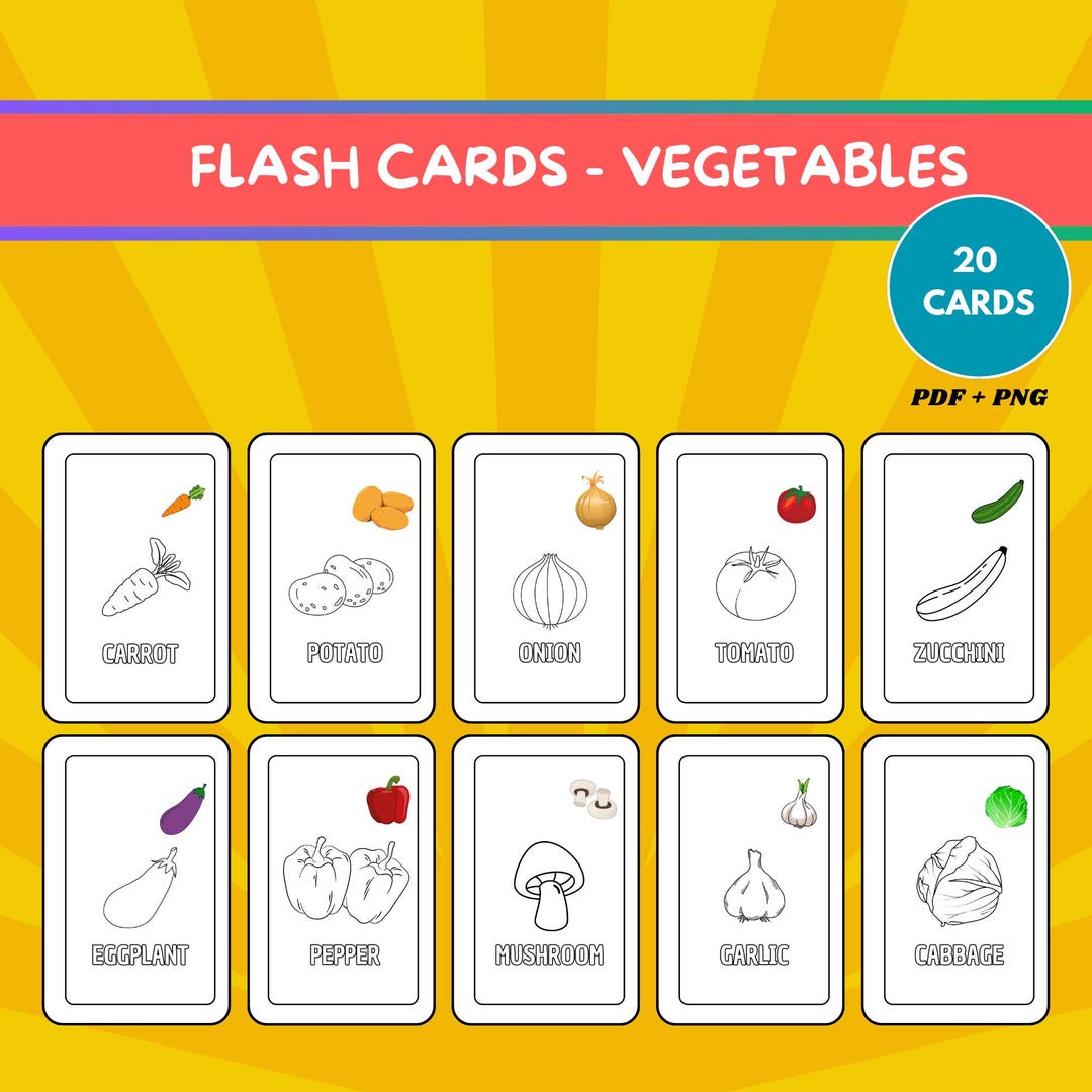 Printable Vegetable Flashcards for Kids, Toddlers and Adults | 20 Black ...