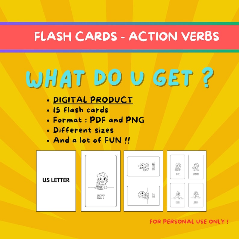 Action Verbs Coloring Flashcards: 15 Printable Learning Cards (PDF ...