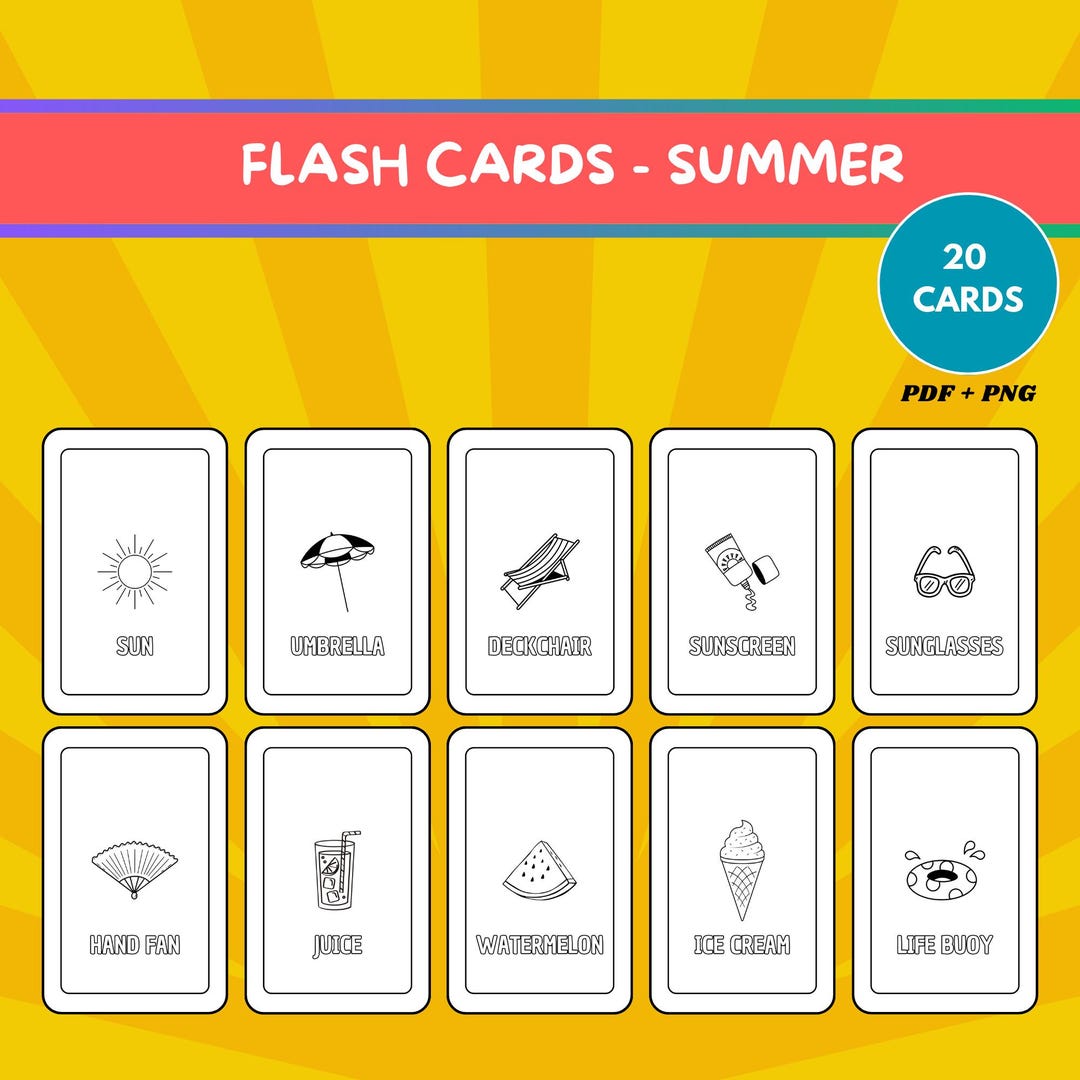 Summer-themed Flashcards for Learning and Coloring | 20 Black and White ...