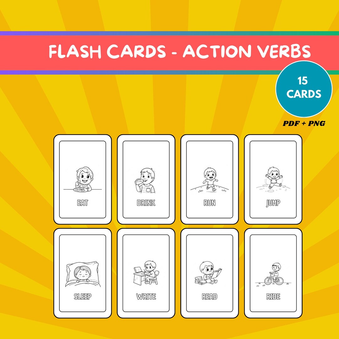 Action Verbs Coloring Flashcards for Kids and Adults - 15 Black / White ...