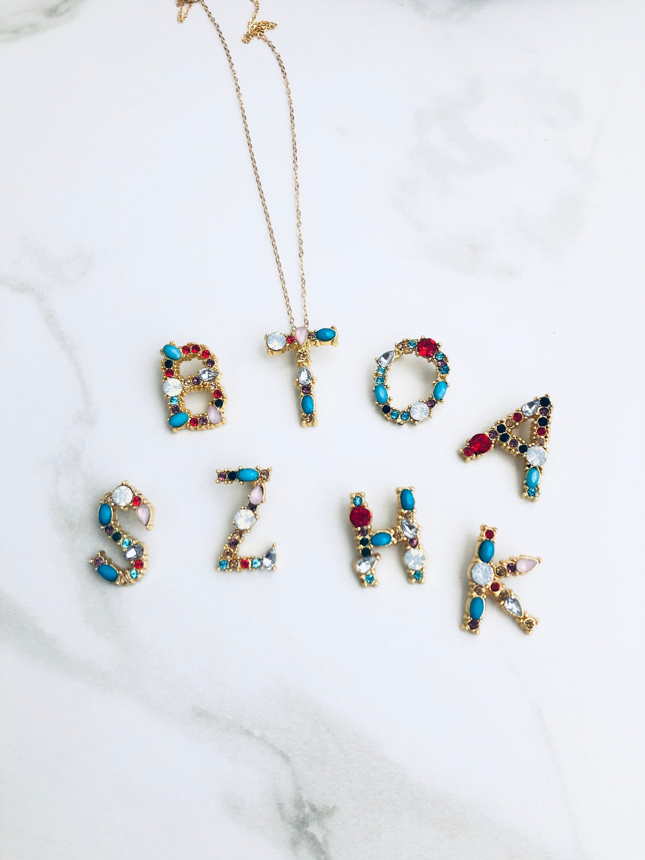 Gemstone Initial Necklace Letter Necklace Jeweled Initial | Etsy