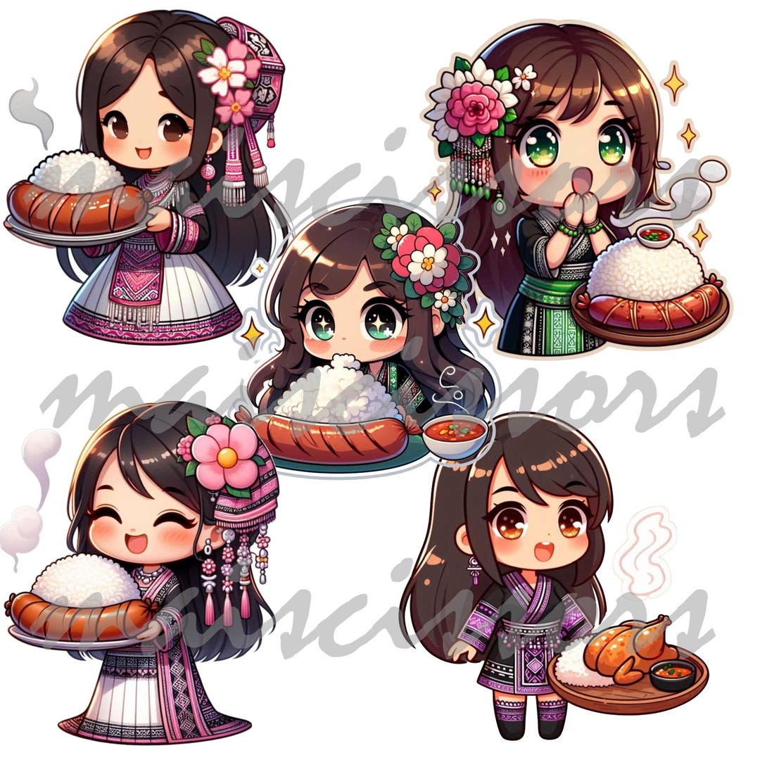 Hmong Asian Chibi Girl Woman Women Hmong New Year Food Digital Art PNG ...