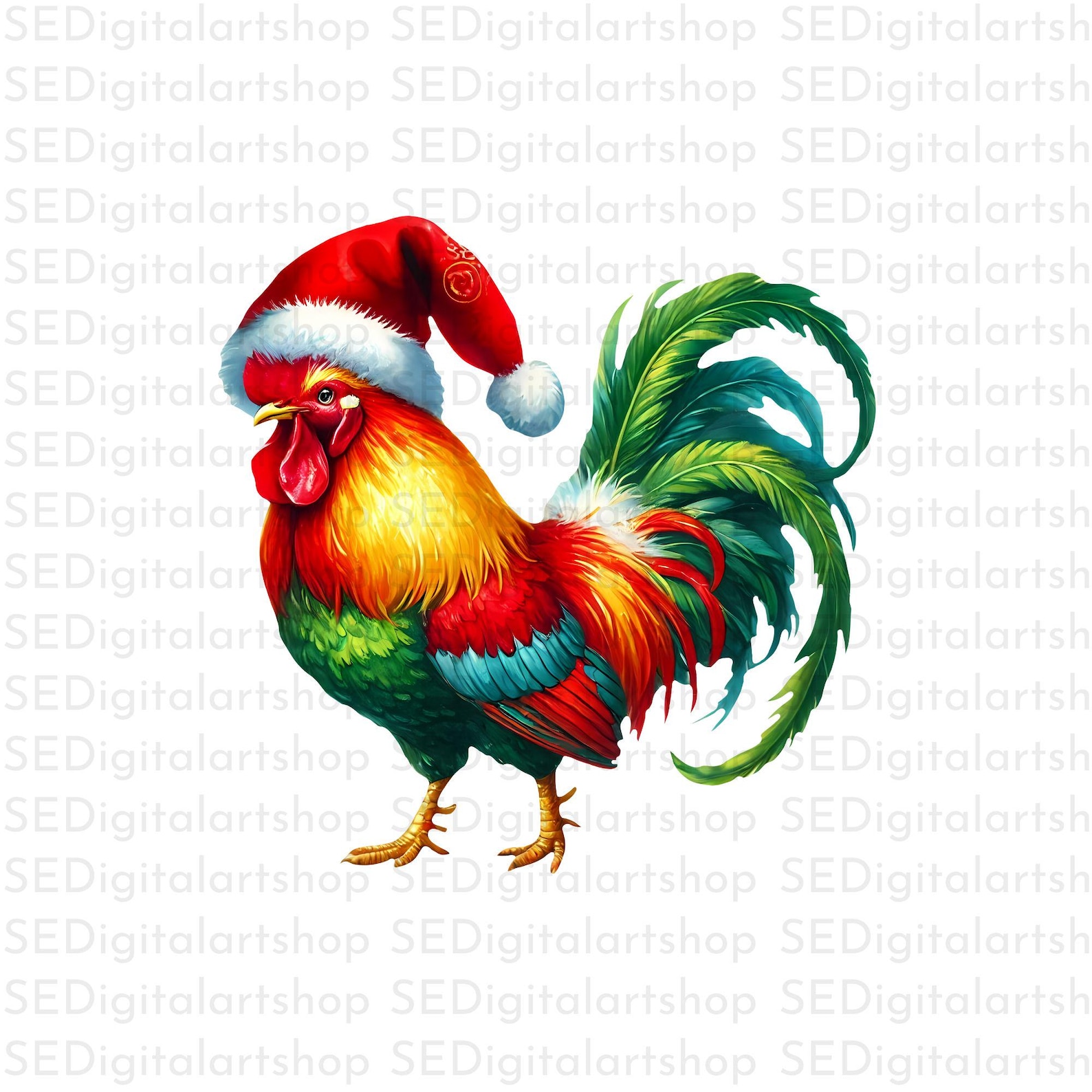 Festive Christmas Rooster Digital Art - Holiday Sublimation & DTF Print ...