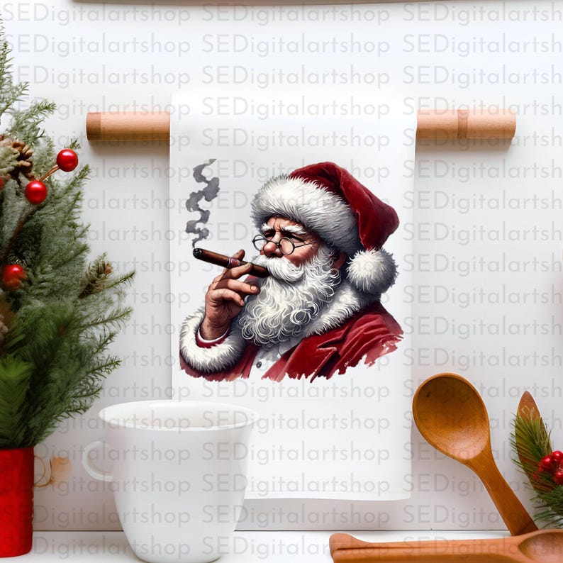Vintage Santa Smoking Cigar Digital Art for Sublimation & DTF Printing ...