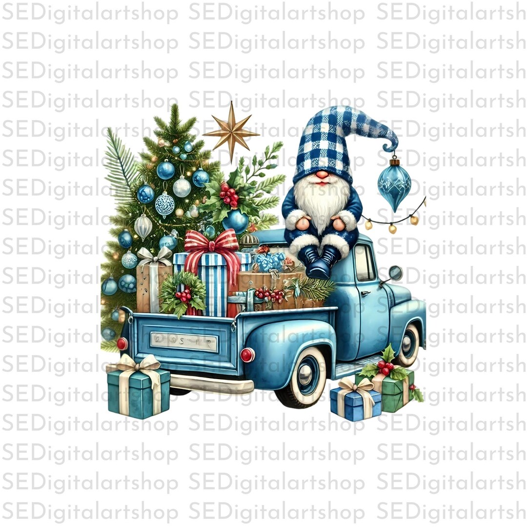 Blue Christmas Gnome & Truck Digital Art | Sublimation and DTF Print ...