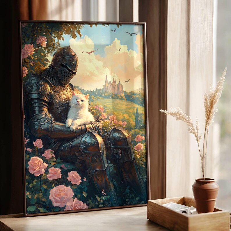 Knight and Cat - Medieval Fantasy Art | Decorative Print With Armor and ...