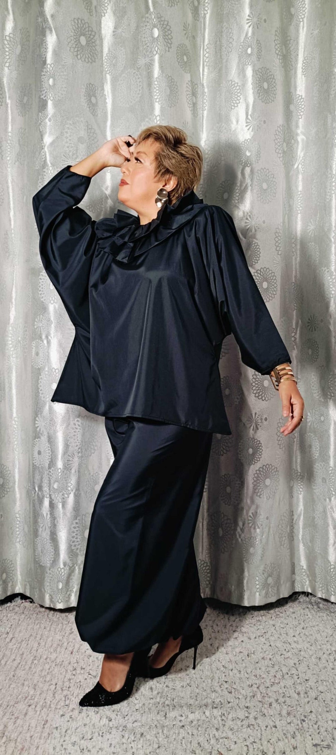 Black Satin Set 3 Pieces, Collar, Blouse, Pants - Etsy
