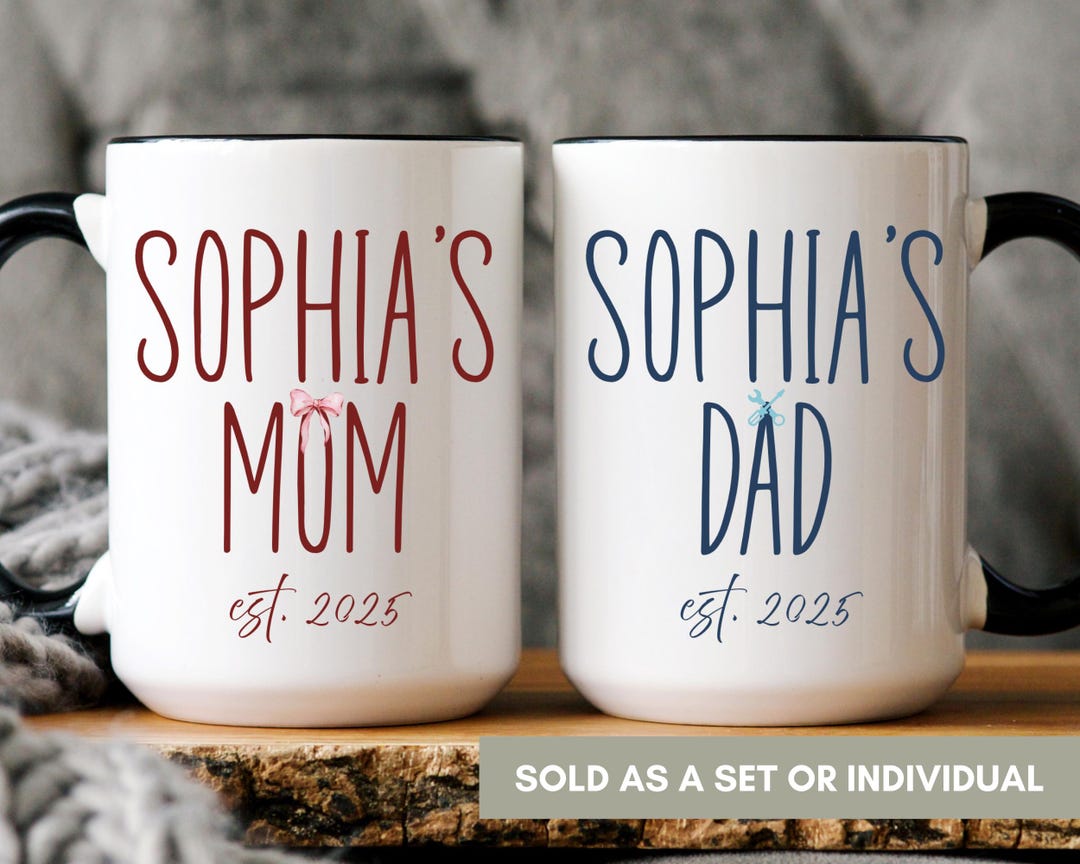 Personalized New Parents Mug Set, Custom Mom and Dad Est 2025 Coffee ...