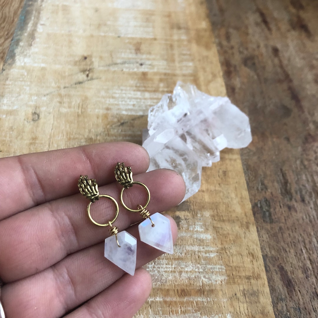Brass Skeleton Hand Earrings With Rainbow Moonstone - Etsy