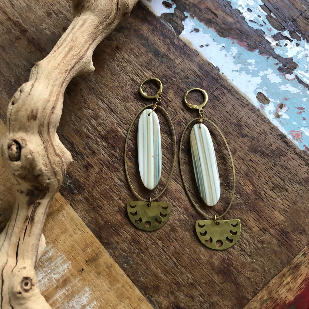 Banded Agate and Brass Moon Phase Earrings - Etsy
