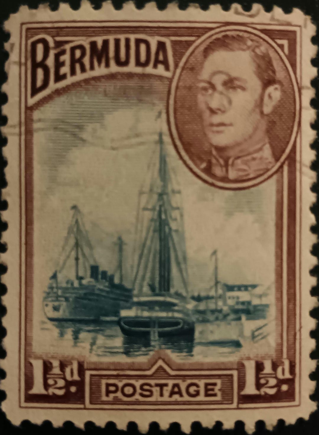 Vintage Bermuda Stamp. George VI and Hamilton Harbour. One and a Half ...