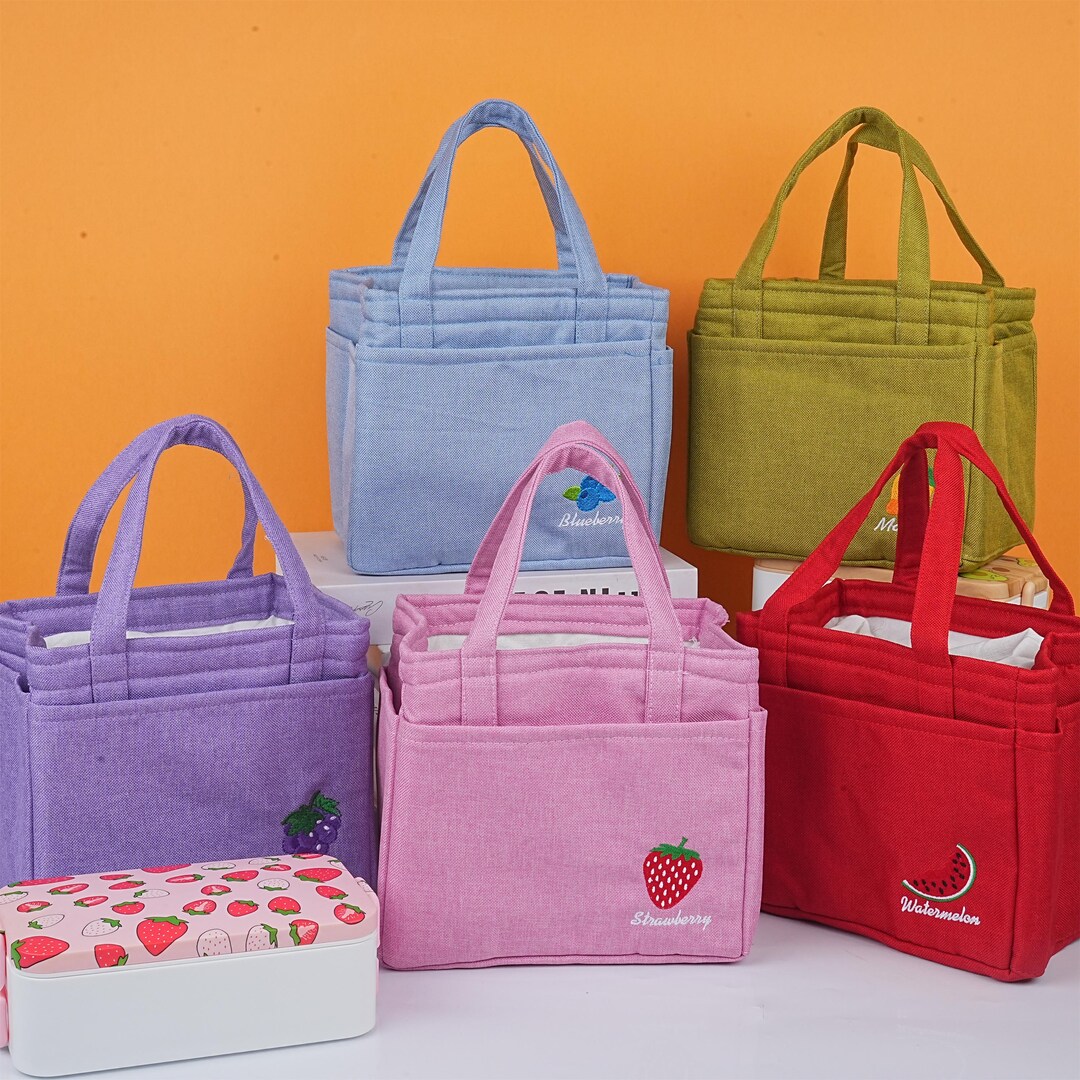 Fruit Embroidery Insulated Lunch Tote: Drawstring/zipper Closure, Linen ...