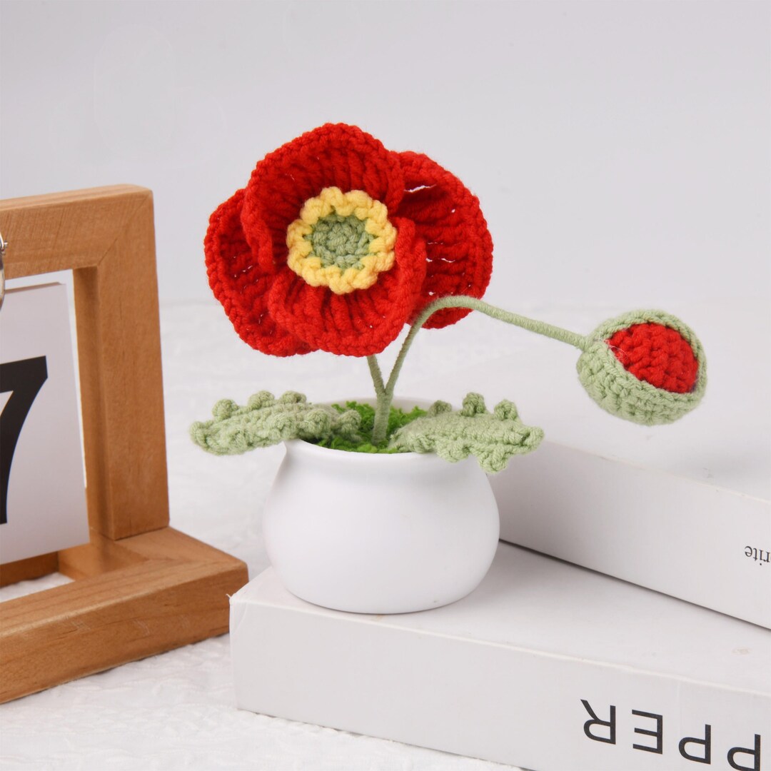 NEW! Handmade Crochet Mini Red Poppy Potted Plant, Poppy Ornament ...